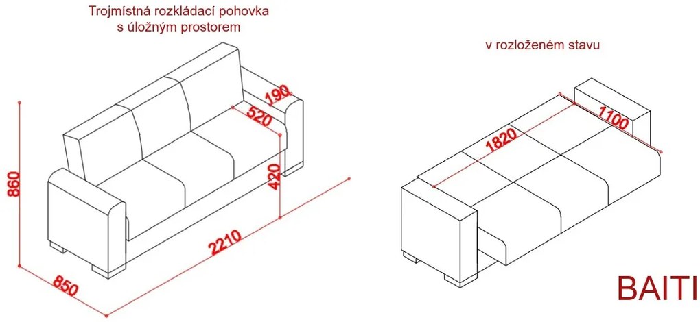 Trojmístná rozkládací pohovka s úložným prostorem Baiti - červená