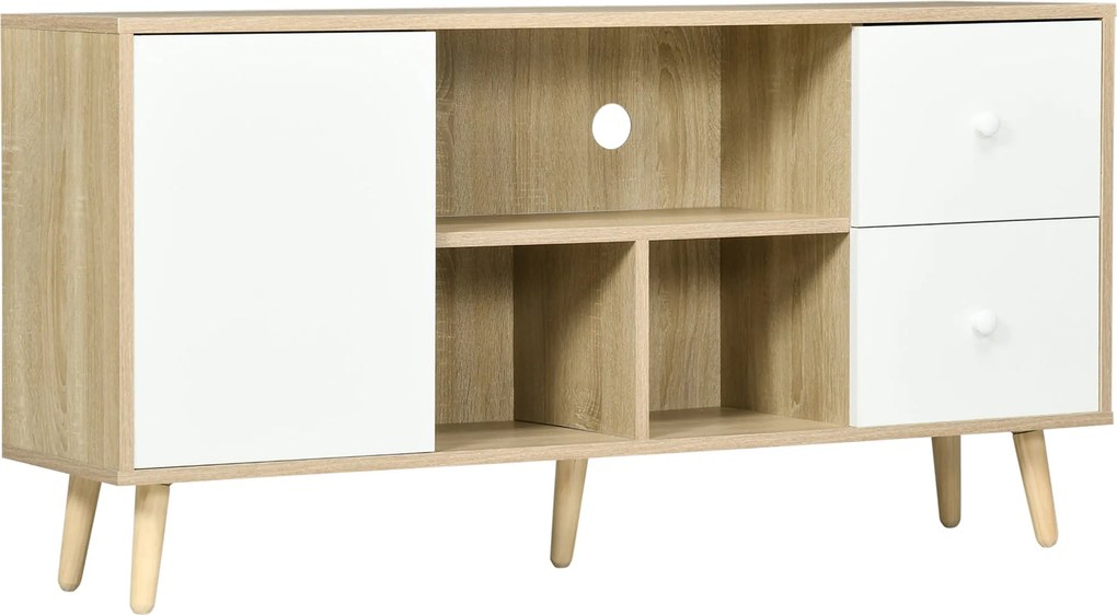 HOMCOM Televizní stolek pro televize do 114 cm se solidními nohami ve skandinávském stylu, 3 police, 1 skříňka se dveřmi a 2 šuplíky 120 x 30 x 60 cm