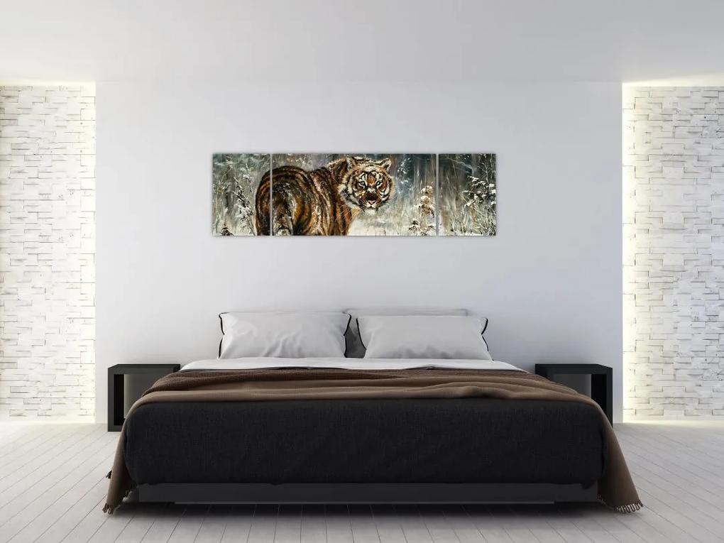 Obraz - Tygr v zasněženém lese, olejomalba (170x50 cm)
