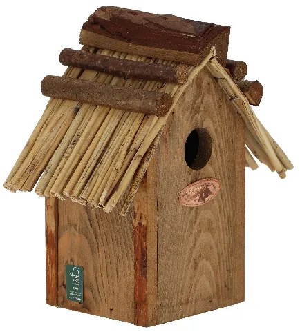 Esschert Design ESSCHERT DESIGN Dřevěná Budka "BEST FOR BIRDS" antik, slaměná střecha - Střízlík obecný 21 cm