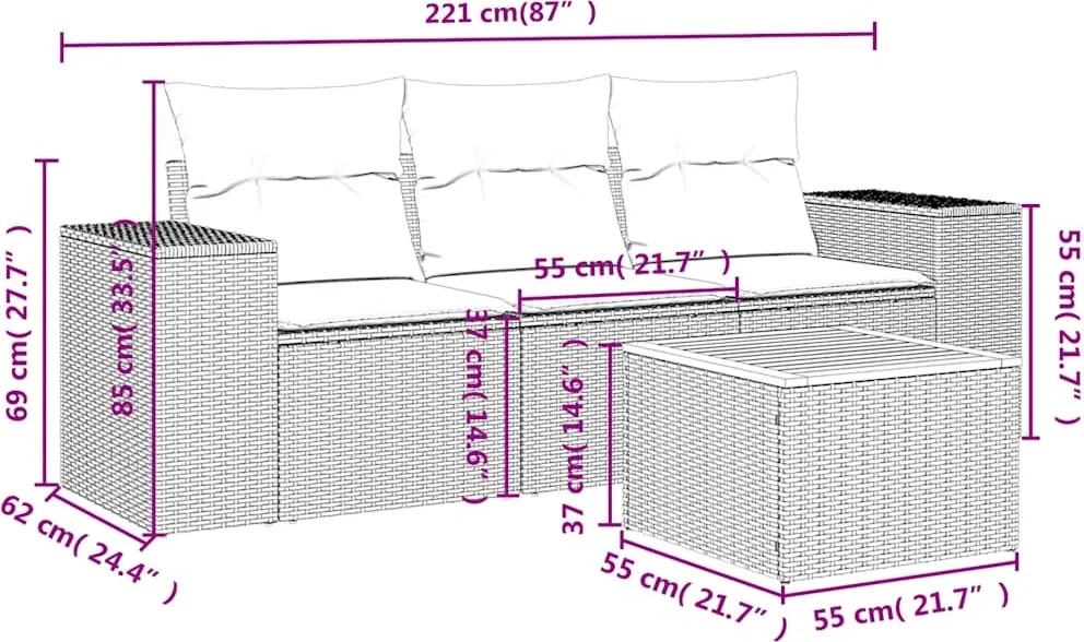 4dílná zahradní sedací souprava s poduškami černá polyratan 3225313