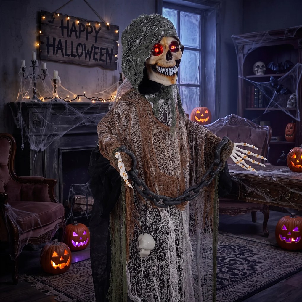 HOMCOM Animovaný Smrtka, 170 cm, životní velikost Halloween animatroniky s pohyblivýma rukama/hlavou, svítícíma očima a strašidelným zvukem