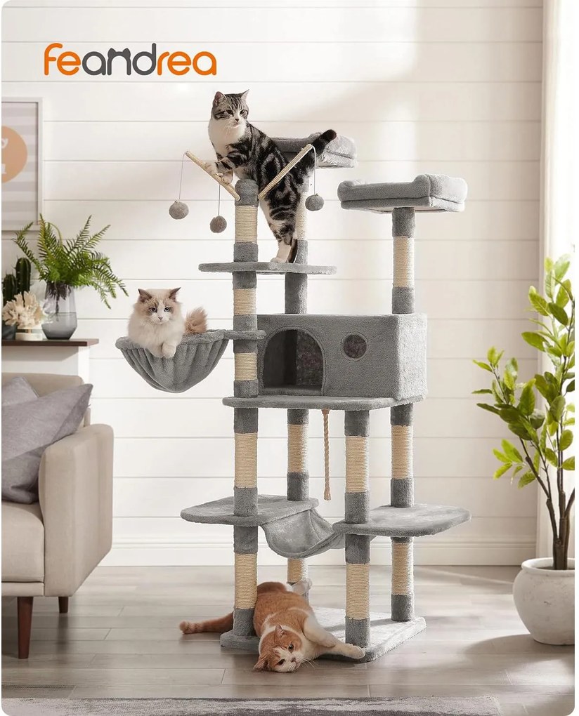 Feandrea kočičí škrabadlo, XXL kočičí dům, 164 cm, světle šedé