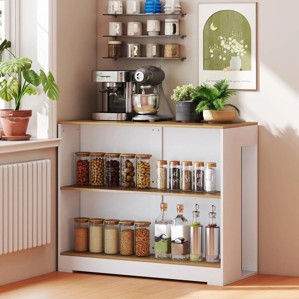 HOMCOM barový stůl, 3úrovňový vysoký stůl se 2 otevřenými přihrádkami, deska v designu přírodního dřeva 113 x 60 x 90 cm bílá