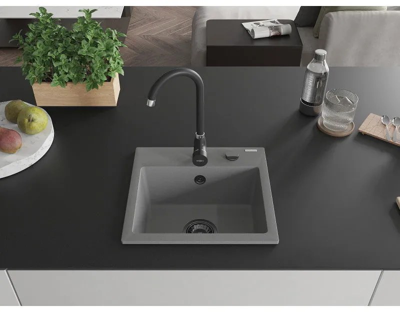 Mexen Milo, granitový dřez 435x410x171 mm, 1-komorový, šedá s černým sifonem, 6505441000-71-B