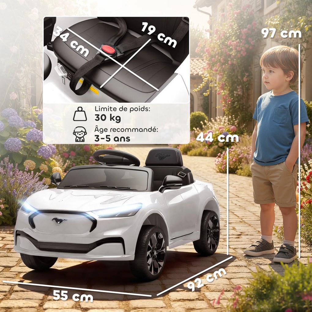 AIYAPLAY dětské elektrické auto Ford Mustang Mach-E, oficiálně licencované, 12 V, dálkové ovládání 2,4 G, 2 motory, 92x55x44 cm, bílé