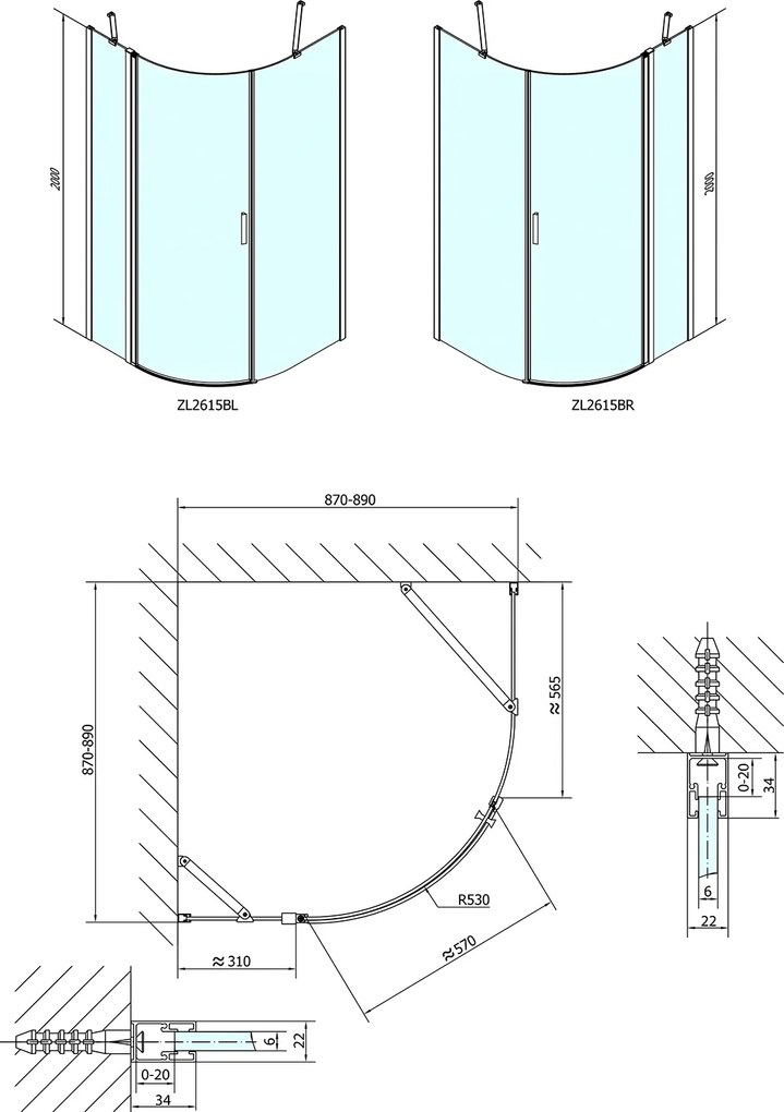 Polysan Polysan, ZOOM LINE BLACK čtvrtkruhová sprchová zástěna 900x900mm, čiré sklo, levá, ZL2615BL