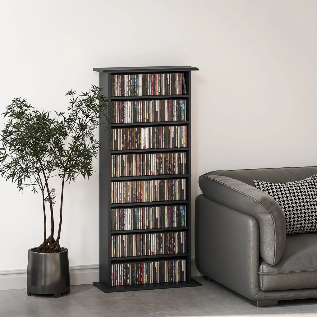 HOMCOM Knihovna s 8 policemi pro 360 CD s moderním designem, CD regál z dřevotřísky, 58x24x124,5 cm, černá
