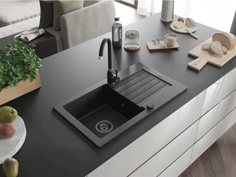 Mexen Pablo, granitový dřez 752x436x161 mm, 1-komorový, černá-stříbrná metalíza s černým sifonem, 6510751010-73-B