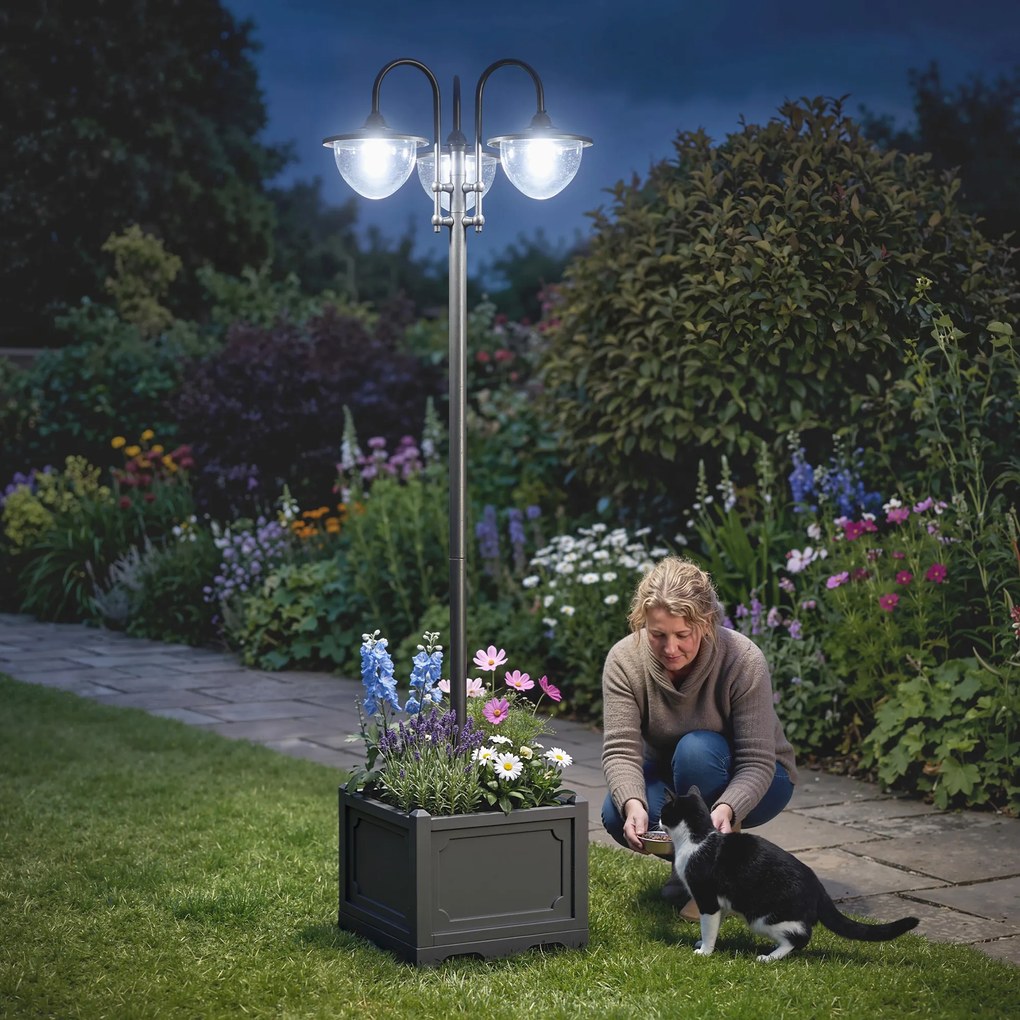 Outsunny solární světlo zahradní světlo 3-hlavová lampa s podstavcem květináče, vodotěsné, nerezová ocel, 60x55x189cm