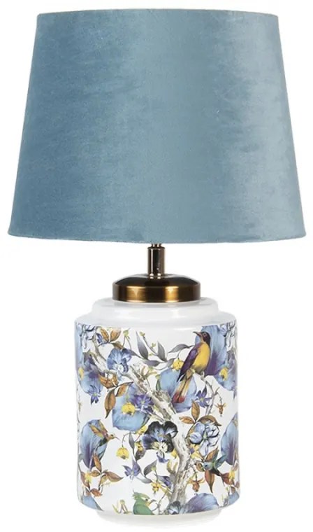 Bílá stolní lampa s malbou ptáčků a lístků na podstavci a modrým stínidlem – 25x41 cm