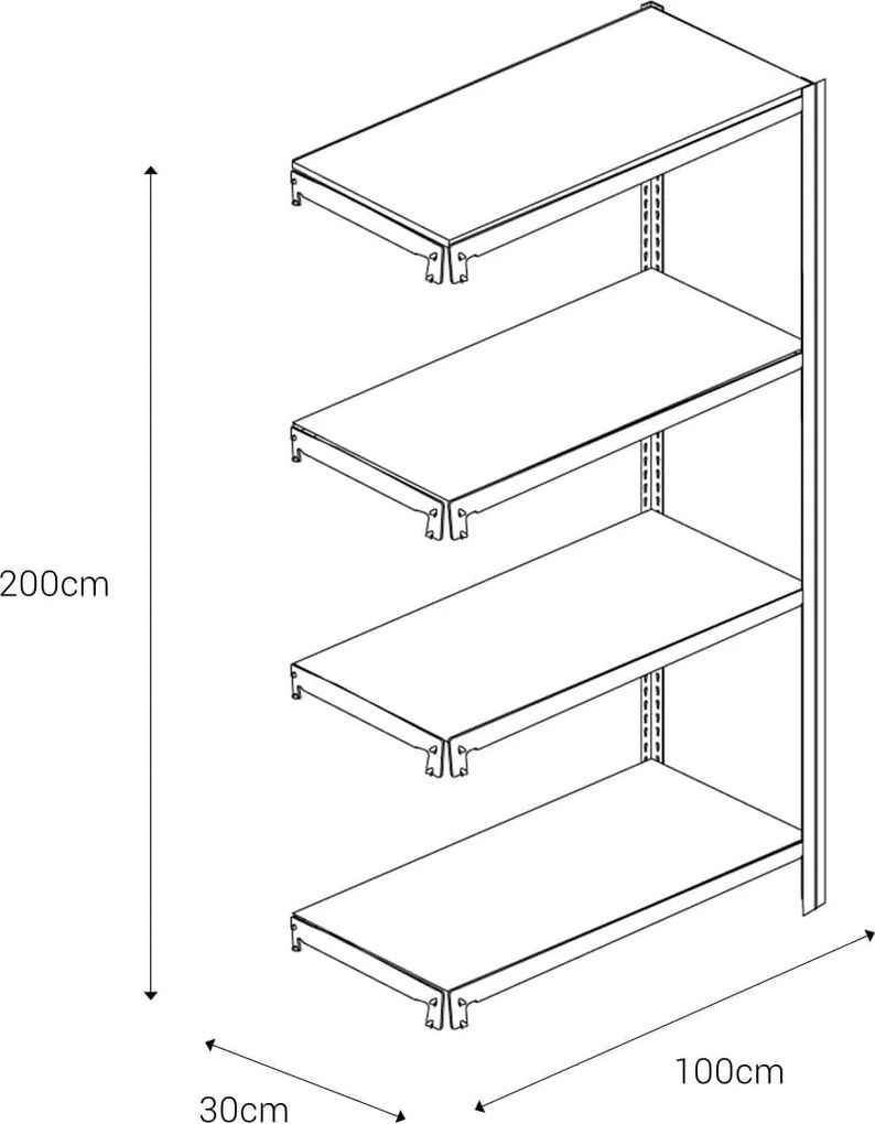 Bezšroubové kovové regál přídavný modul 200x100x30cm T profil, 4 police