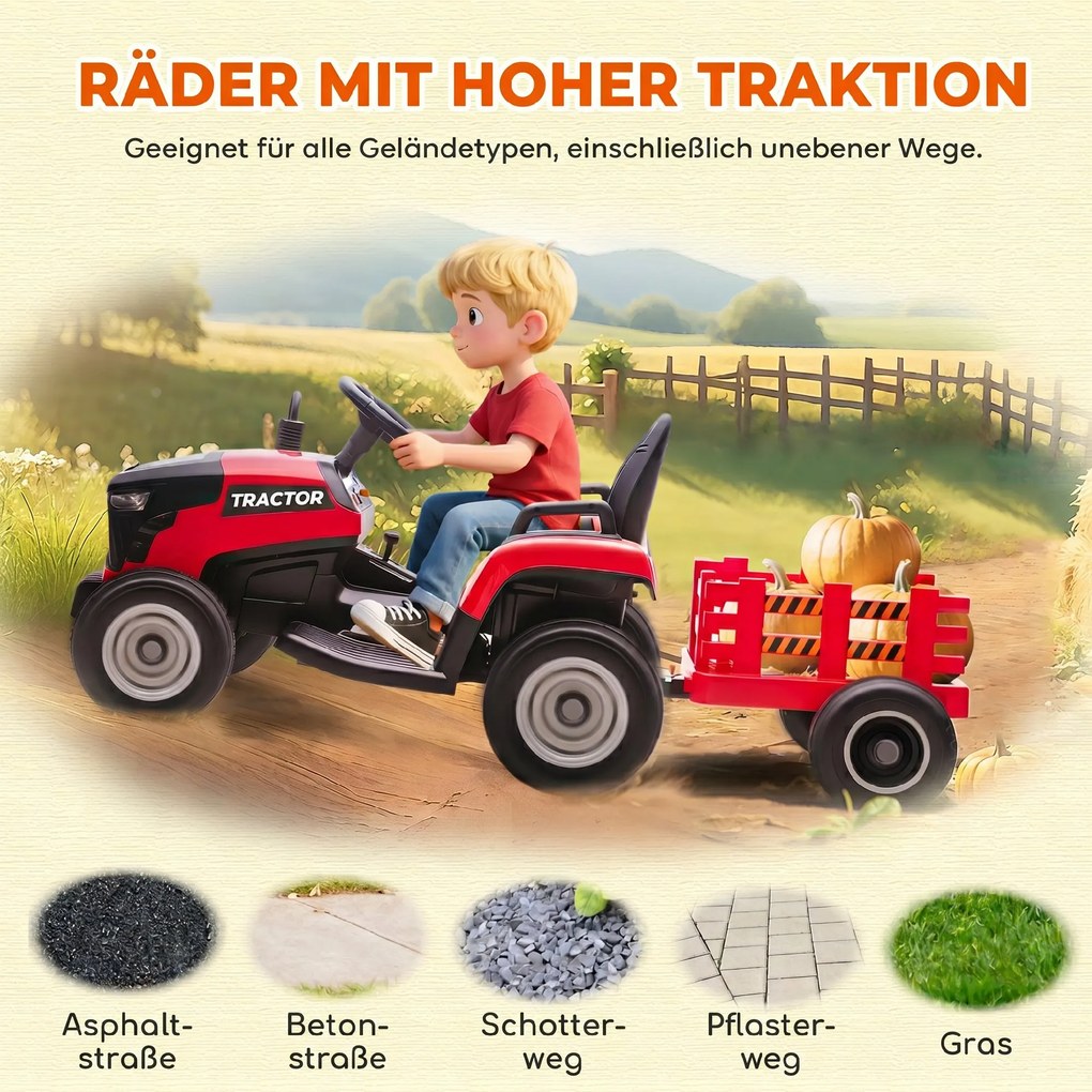 AIYAPLAY Elektrický dětský traktor, sedací traktor s dálkovým ovládáním, měkký start, pro děti ve věku 3-8 let, červený