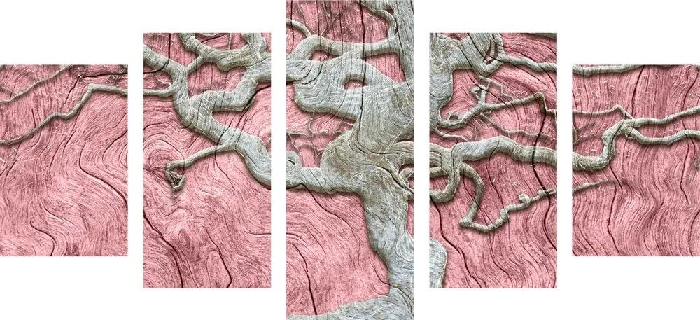 5-dílný obraz abstraktní strom na dřevě s růžovým kontrastem - 200x100 cm