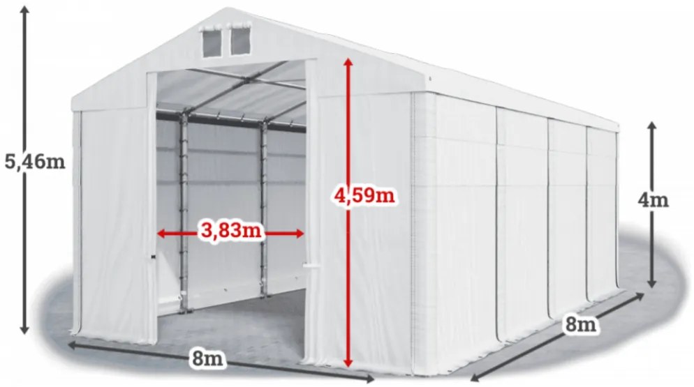 Garážový stan 8x8x4m střecha PVC 560g/m2 boky PVC 500g/m2 konstrukce ZIMA Bílá Šedá Červené