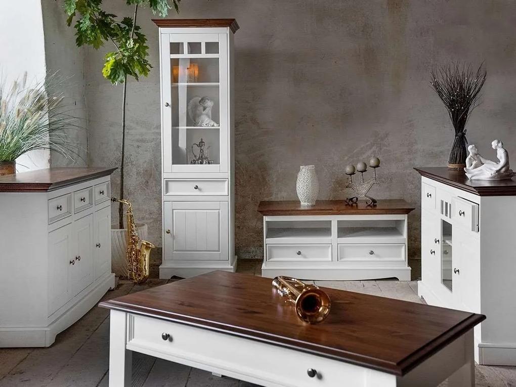 Bílý nábytek Vitrína Belluno Elegante, úzká, dekor bílá | ořech, masiv, borovice - LEVÁ