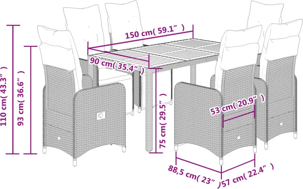 7dílný zahradní bistro set s poduškami černý polyratan 3277130