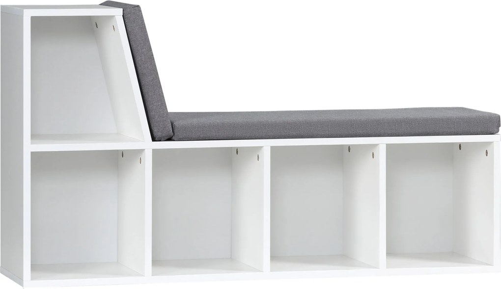 HOMCOM 2-in-1 úložná lavice s 5 přihrádkami a 2 polštářky, knihovna 108 x 30 x 60 cm, bílá šedá