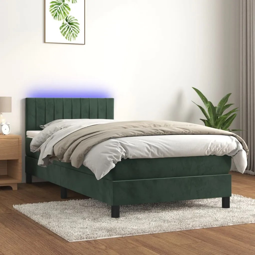 Box spring postel s matrací a LED tmavě zelená 90x200 cm samet