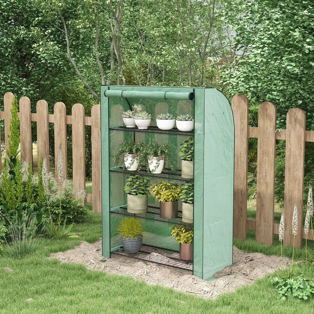 Skleníček Outsunny PE se 4 úrovněmi polic, balkonový skleník, zpevněný potah 135 g/m², ocelová konstrukce, rolovací zipový vstup, pro pěstování zelen…