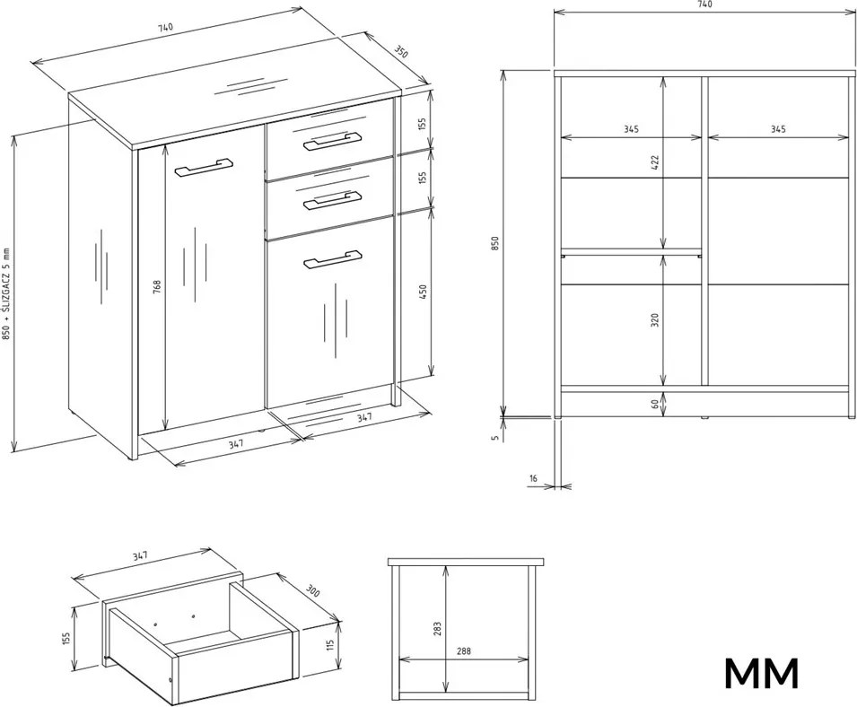 Komoda SIMPLO 2D2S 74 cm antracitová/dub artisan