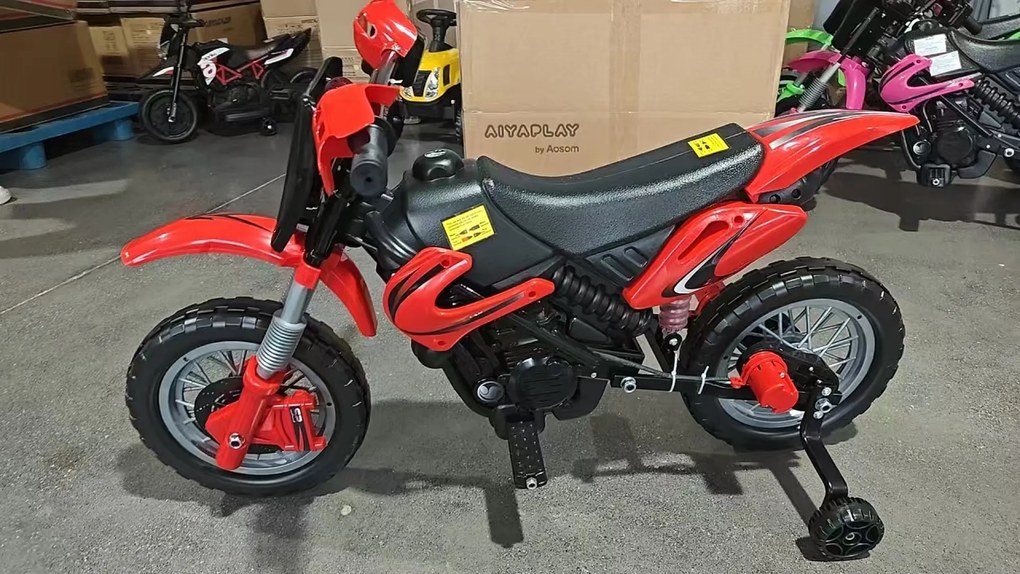 AIYAPLAY Elektrická dětská motorka 12 V se 2 odnímatelnými pomocnými koly, 2 motory, zadní odpružení, hudba, 3 km/h, 3-6 let, červená