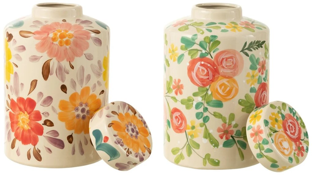 2ks béžová keramická dóza s květy Lacy Flower - Ø21*33cm