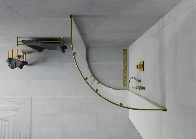 Mexen Rio, čtvrtkruhový sprchový kout s posuvnými dveřmi 80 (dveře) x 80 (dveře) x 190 cm, 5mm sklo námraza, zlatý profil, 863-080-080-50-30