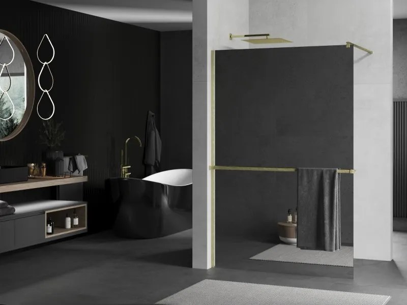Mexen Kioto+, sprchová zástěna Walk-In s poličkou a věšákem 140 x 200 cm, 8mm sklo vzor zrcadlo, zlatý matný profil, 800-140-121-55-50