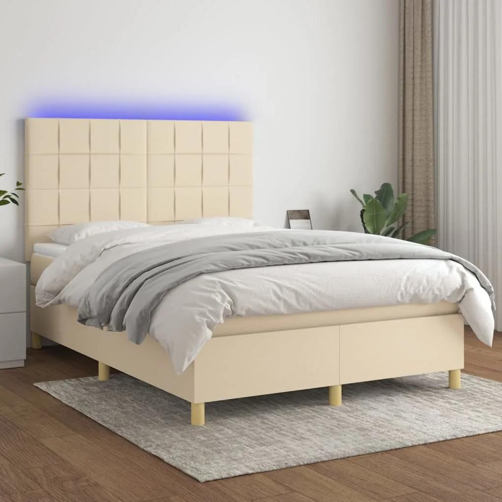 Box spring postel s matrací a LED krémová 140x200 cm textil,  3135442