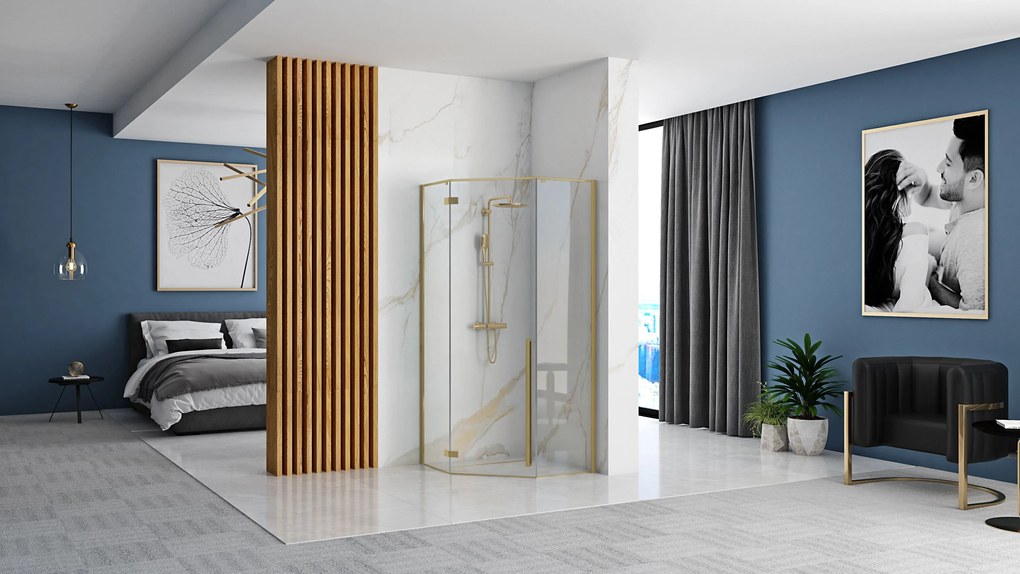 Rea Diamond, 5-úhelníkový sprchový kout 90x90, 6mm čiré sklo, zlatý matný profil + bílá sprchová vanička, KPL-K6506