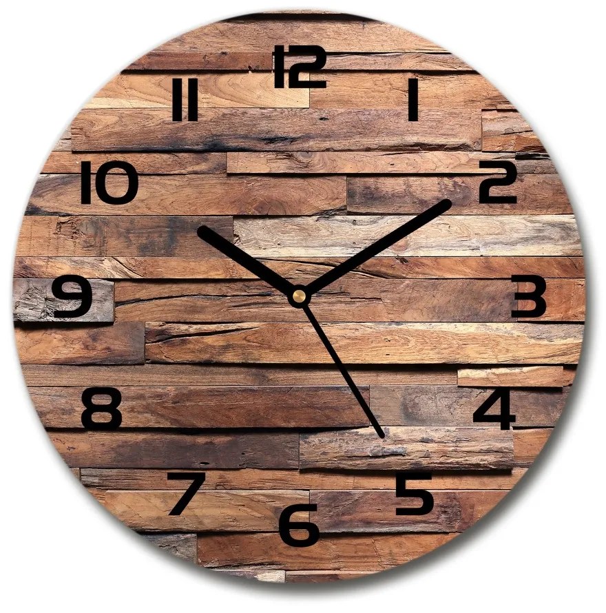 Wallmuralia Skleněné hodiny kulaté Dřevěná stěna fi 30 cm