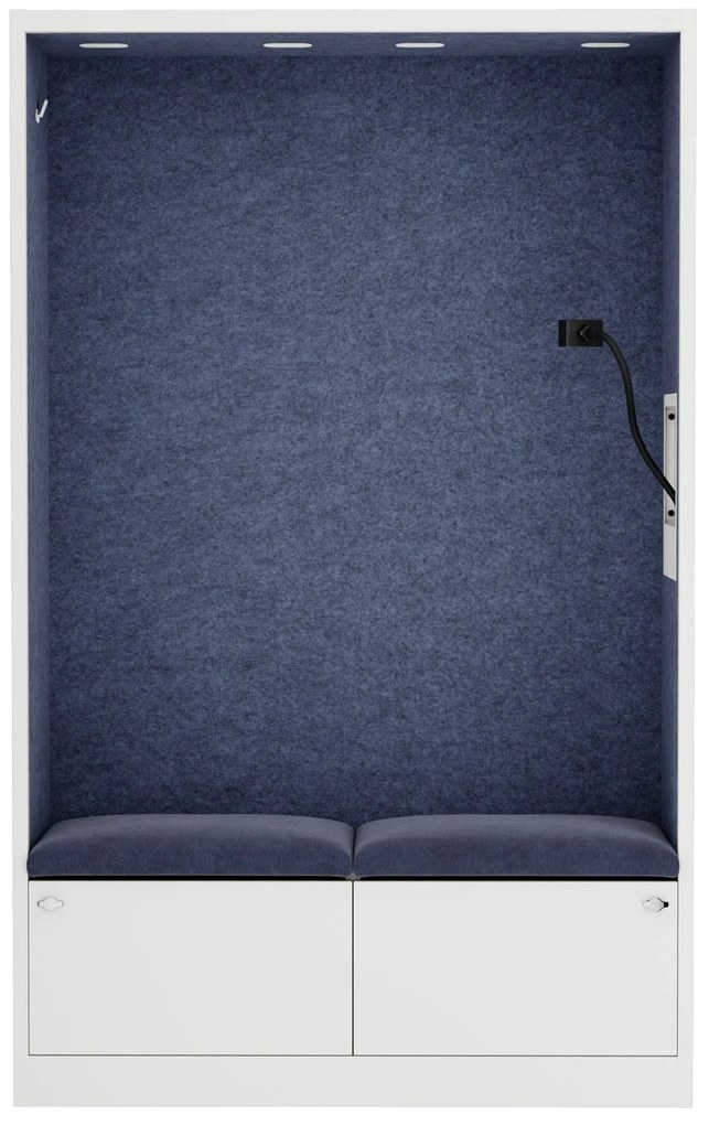Kancelářská akustická kabina se sedátkem a USB-C portem, korpus bílý / sedák námořnická modrá, 1150 mm: SALLY MentalBox