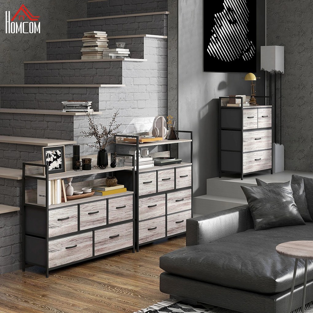HOMCOM industriální komoda se 4 skládacími látkovými zásuvkami a otevřenou policí, 60 x 29 x 85 cm, šedá