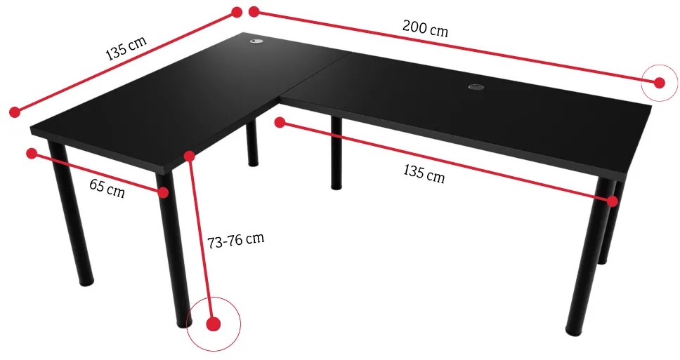 Počítačový rohový stůl N, 200/135x73-76x65, bílá/černé nohy, levý