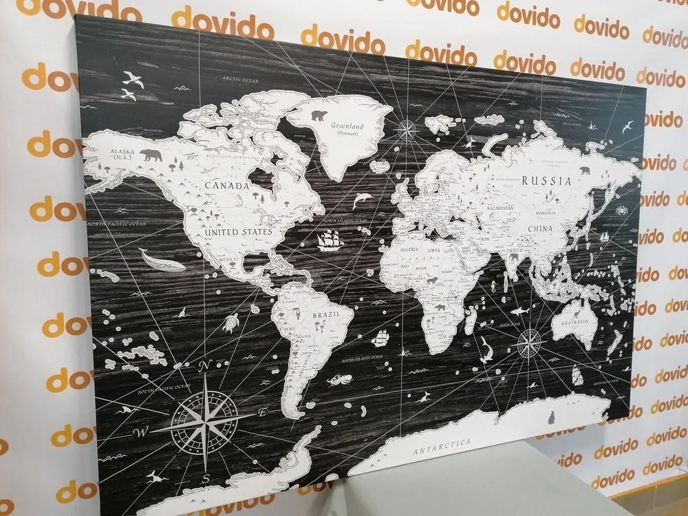 Obraz černobílá mapa na dřevěném pozadí - 90x60 cm