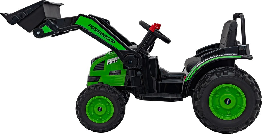 Ramiz Dětský bagr-traktor na baterie zelený + pohyblivé rameno s lžící + dálkové ovládání + pomalý start + FM rádio + LED