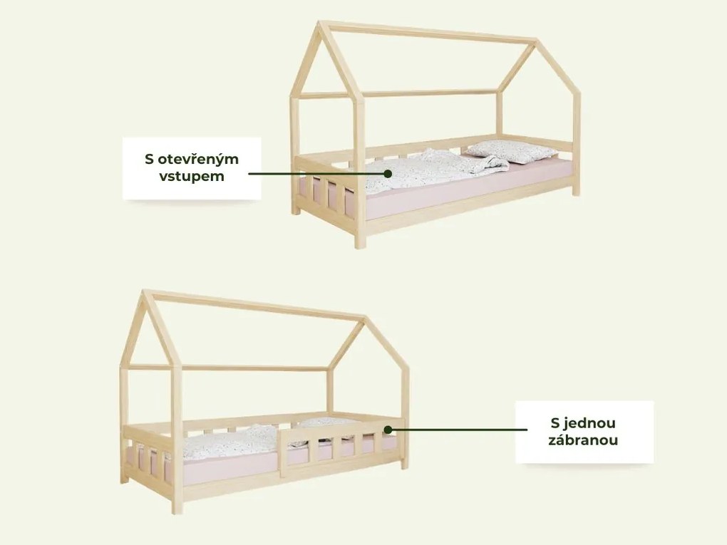 Benlemi Domečková postel PLOTTY s bočním štítem Zvolte barvu: Šalvějová zelená, Zvolte rozměr: 80x160 cm, Zvolte zábranu: S otevřeným vstupem