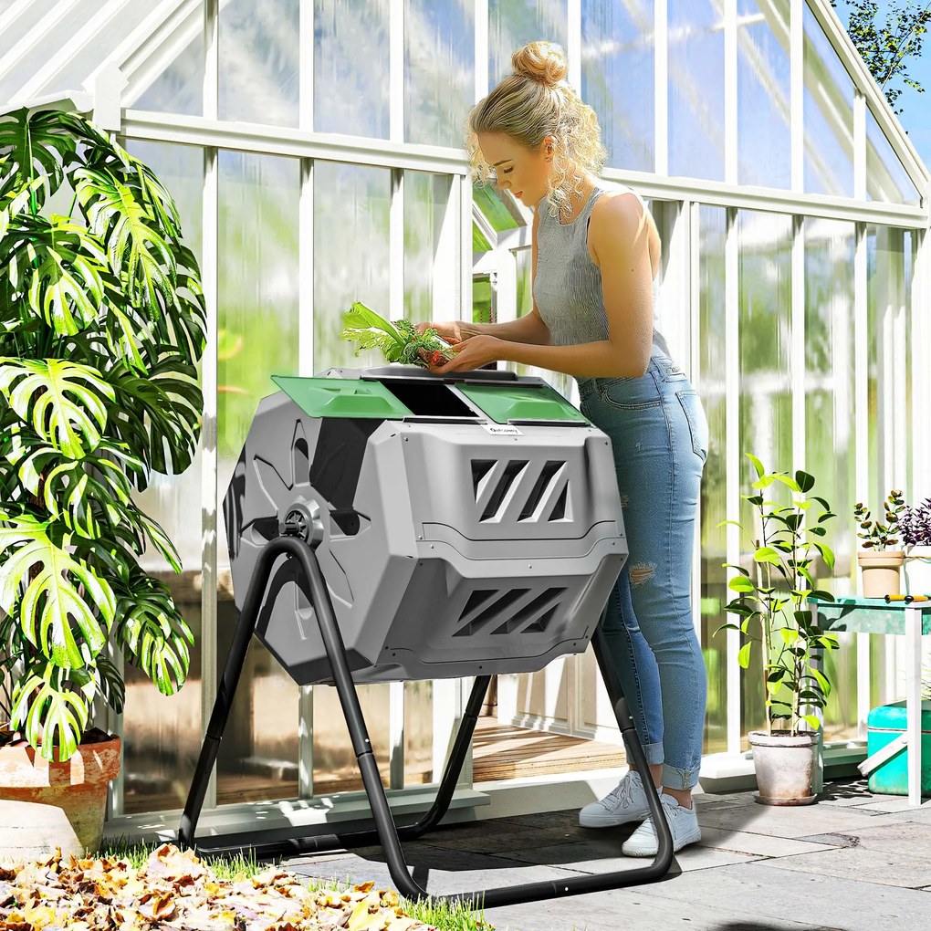 Bubnový kompostér Outsunny 160 l s možností otáčení a 2 přihrádkami na organický odpad, účinný a robustní, zahradní kompostér v šedé barvě | Aosom.de
