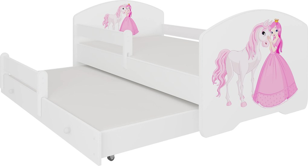 ADRK Furniture Dvojitá postel s bariérkou a matracemi PEPE II PRINCESS AND HORSE 160x80 CH-Pep-II-Barr-Princ-Hor-E966