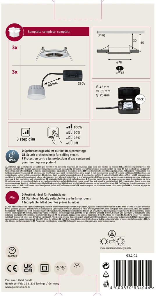 Paulmann 93494 LED Coin Nova round, set kulatých bodovek v úpravě broušená ocel, LED 3x6,5W 2700K tříkrokové stmívání, prům. 7,8cm