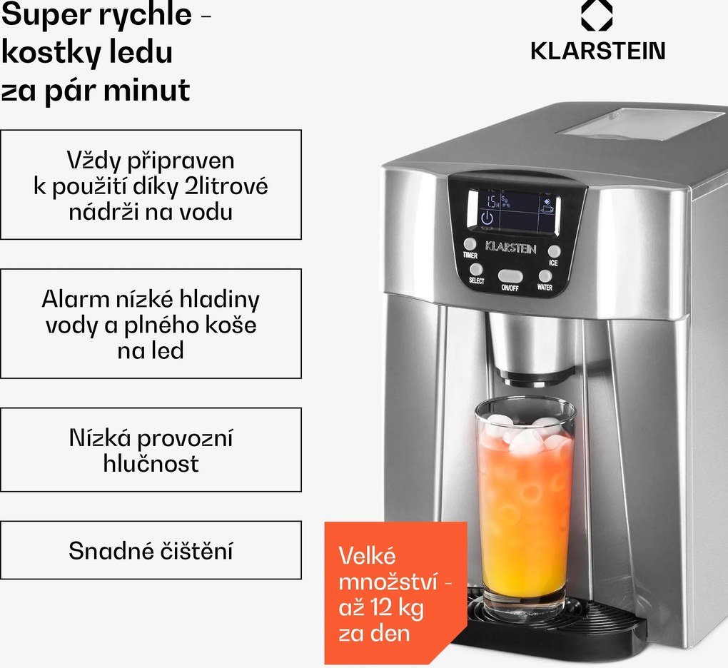 Klarstein Ice Volcano 2G, výrobník ledu, 12 kg/24 h, 2 l, LED, stříbrný
