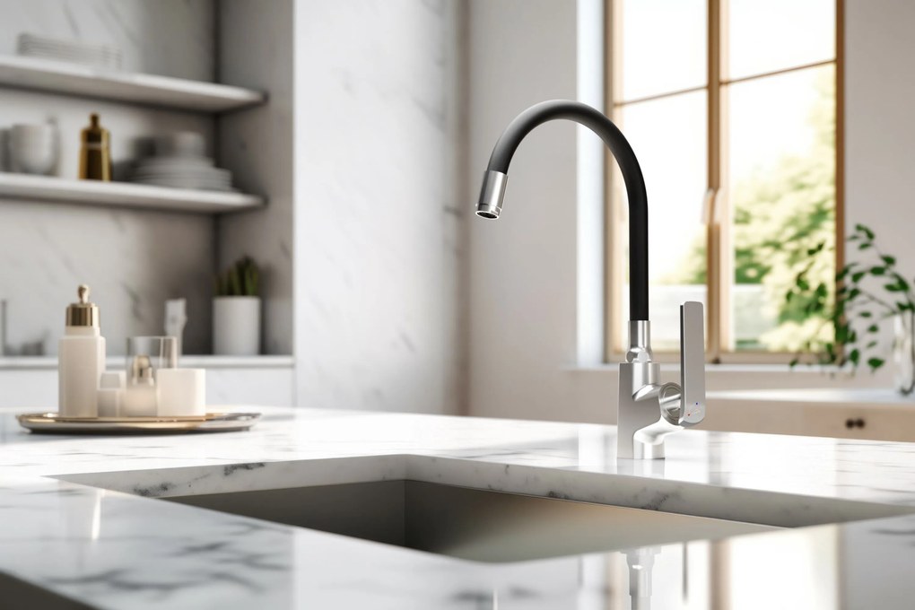 Invena Ligaria, vysoká dřezová baterie s elastickým ramenem, systém Eco Start, chromová-černá matná, INV-BZ-39-008-L