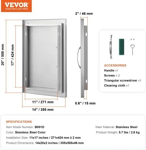 BBQ přístupová dvířka, 355 × 508 mm jednoduchá venkovní kuchyňská dvířka