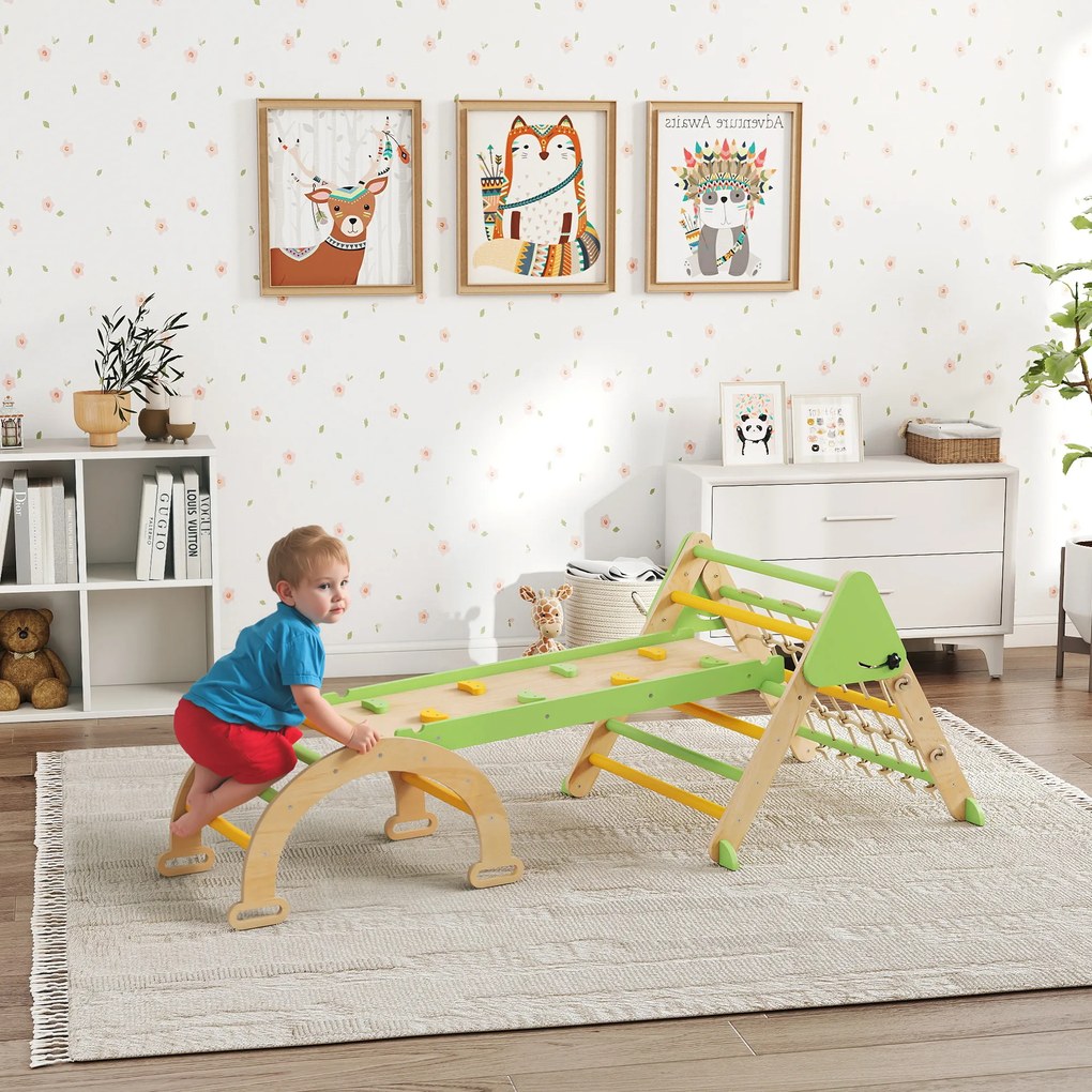 montessori prolézačka 8 v 1 vnitřní dřevěný lezecký trojúhelník s lezeckým obloukem, oboustranná skluzavka, zelená barva