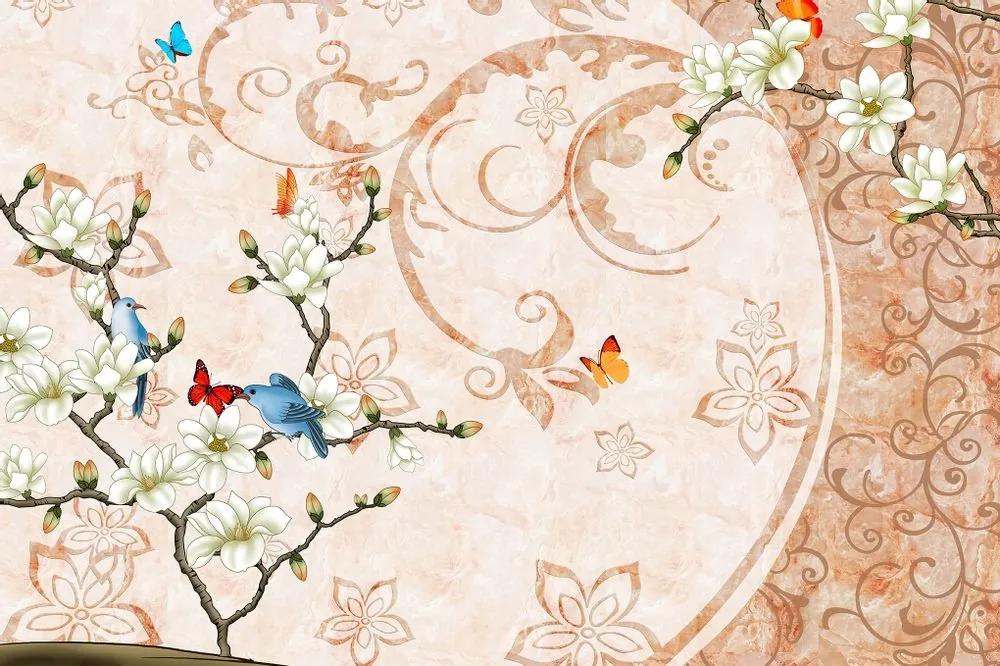 Tapeta vintage zátiší s ptáčky a motýly - 375x250 cm
