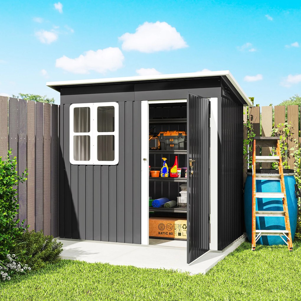 Zahradní Kůlna Outsunny 2,55m², Kůlna s Pultovou Střechou, 221 x 133 x 190/173 cm, Nářaďová Kůlna s Zamykatelnými Dveřmi, Okno, Garáž na Kolo, Ocelov…