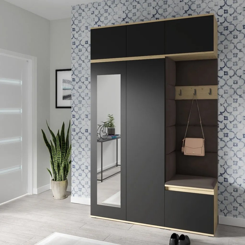 Eka Předsíňová stěna s čalouněnými panely Trinity 18 - Dub Artisan s černou / Tmavá hnědá 2308