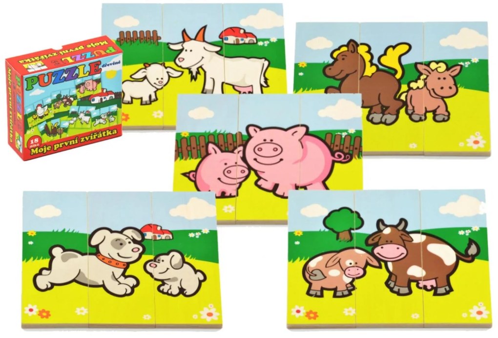 Teddies Puzzle Moje první zvířátka dřevěné 18 dílků pro nejmenší v krabičce 13x11,5x4,5cm 12m+ MPZ