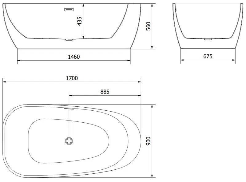 Mexen Giada, volně stojící vana 170 x 90 cm, bílá lesklá, broušený grafit, 52741709000-66